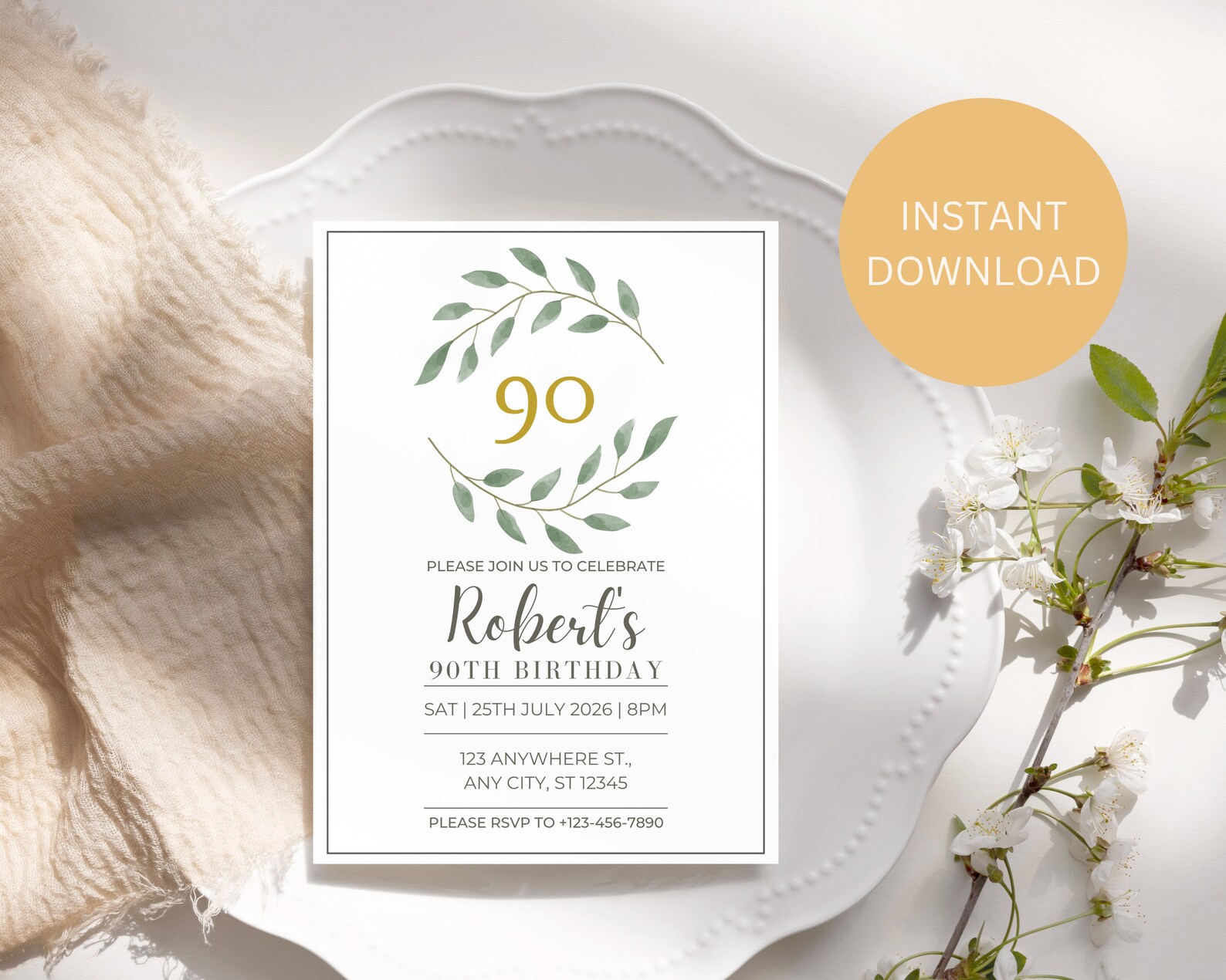 90th Birthday Invitation Template, Editable 90th Birthday Party ...