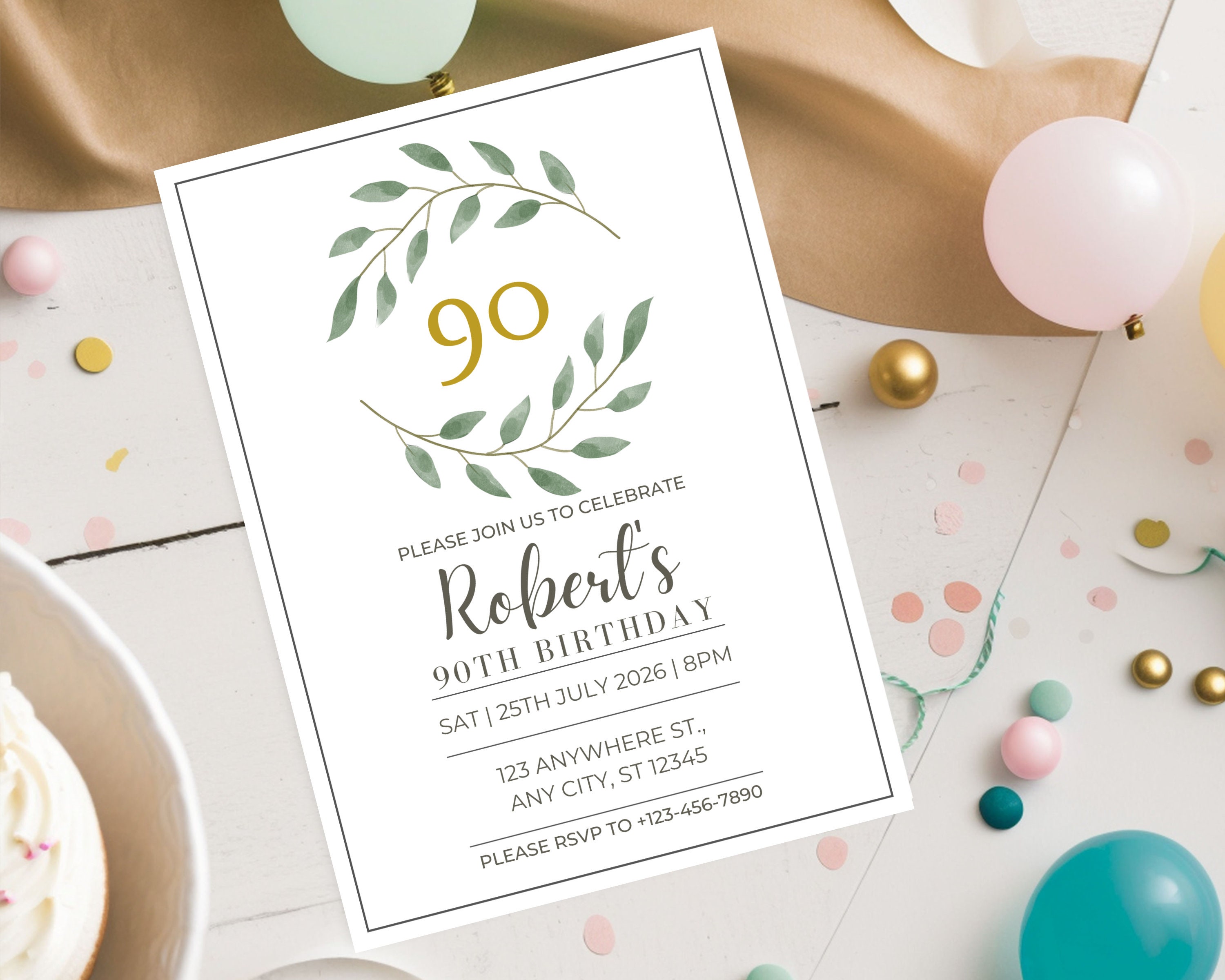 90th Birthday Invitation Template, Editable 90th Birthday Party ...