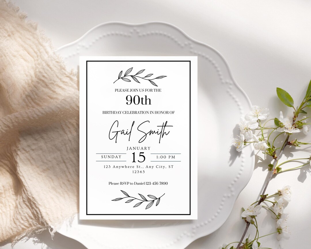 Minimalist 90th Birthday Invitation Template, Clean Simple Editable ...