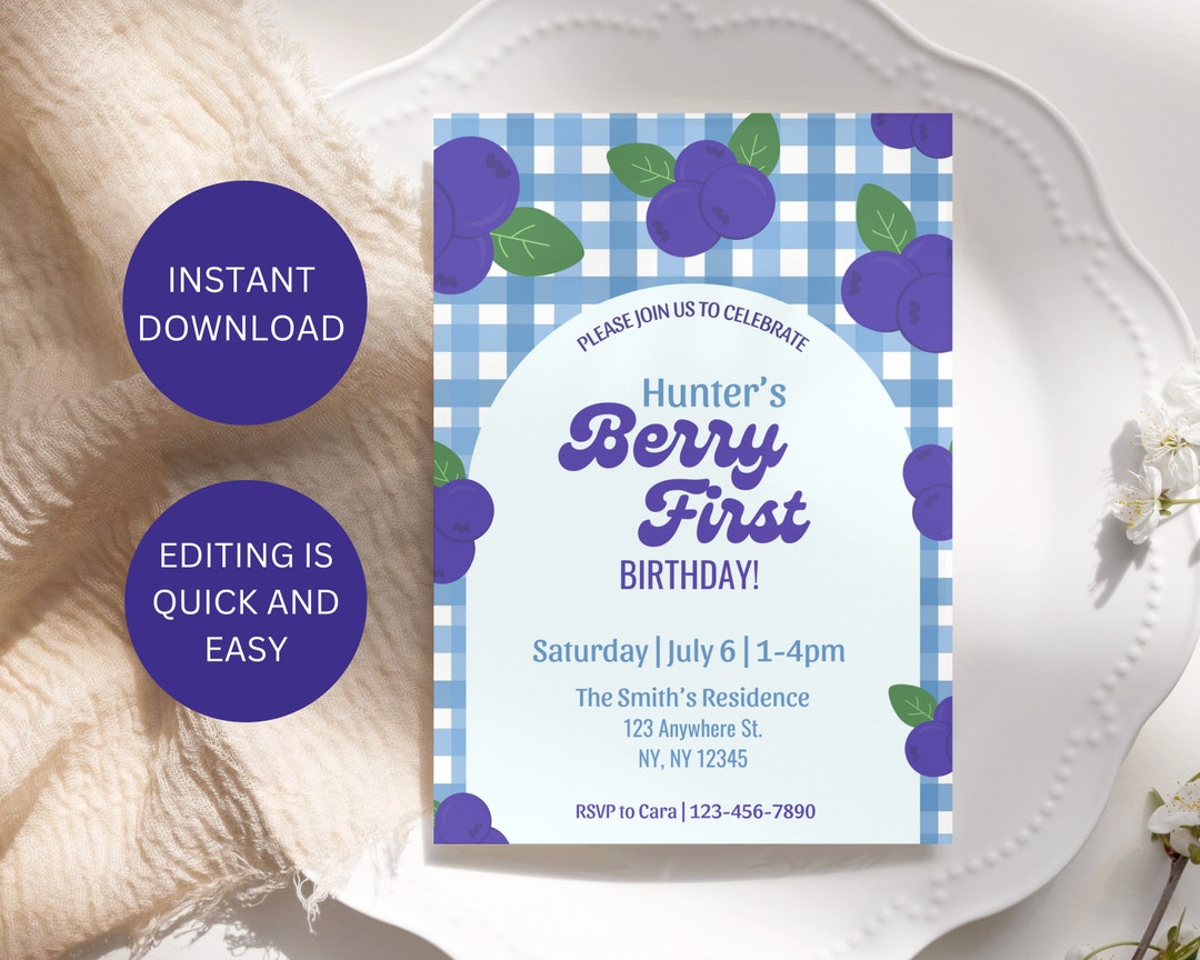 Berry First Birthday Invitation Template, Blueberry Birthday Invitation ...