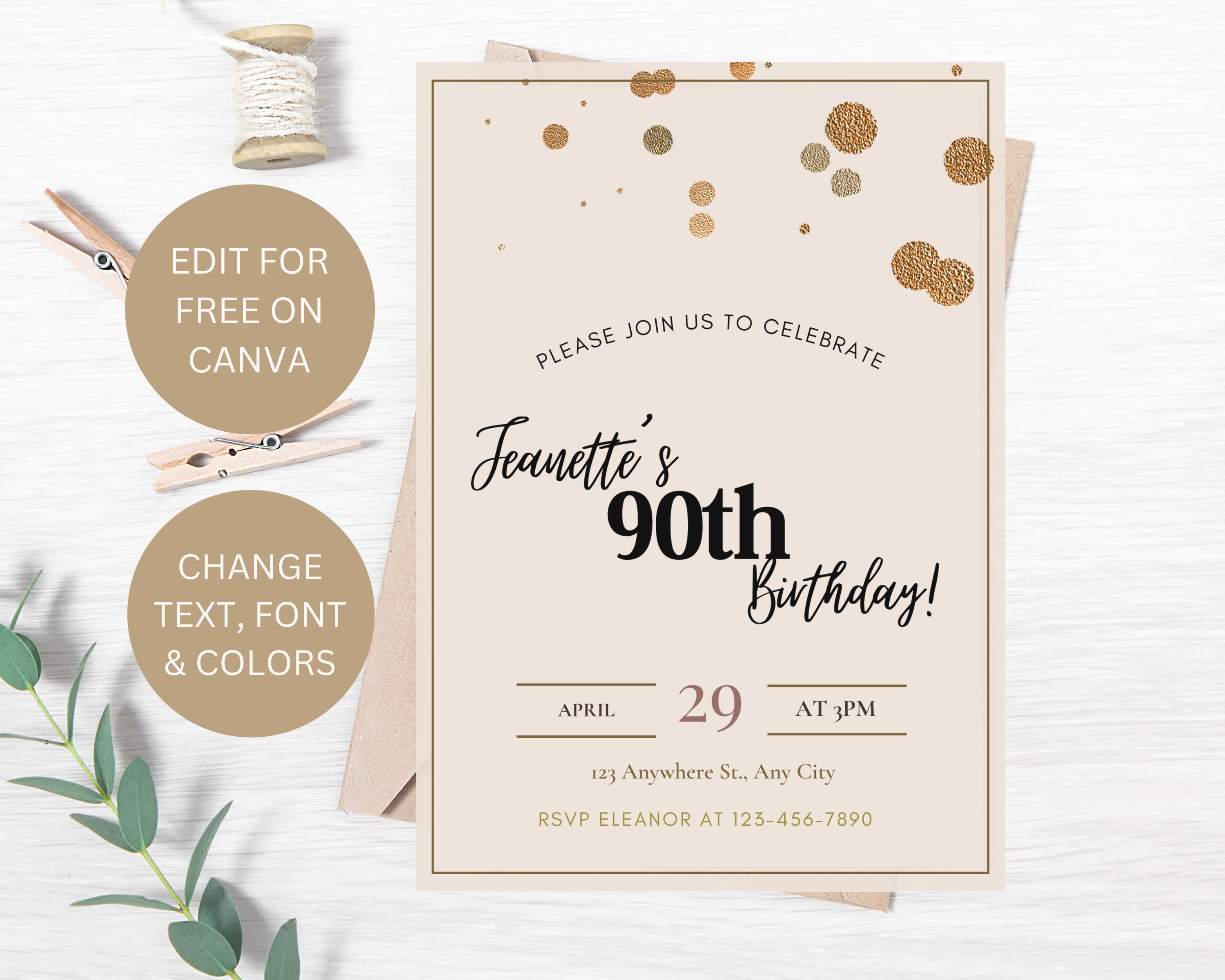 90th Birthday Invitation Template, Editable 90th Birthday Party ...
