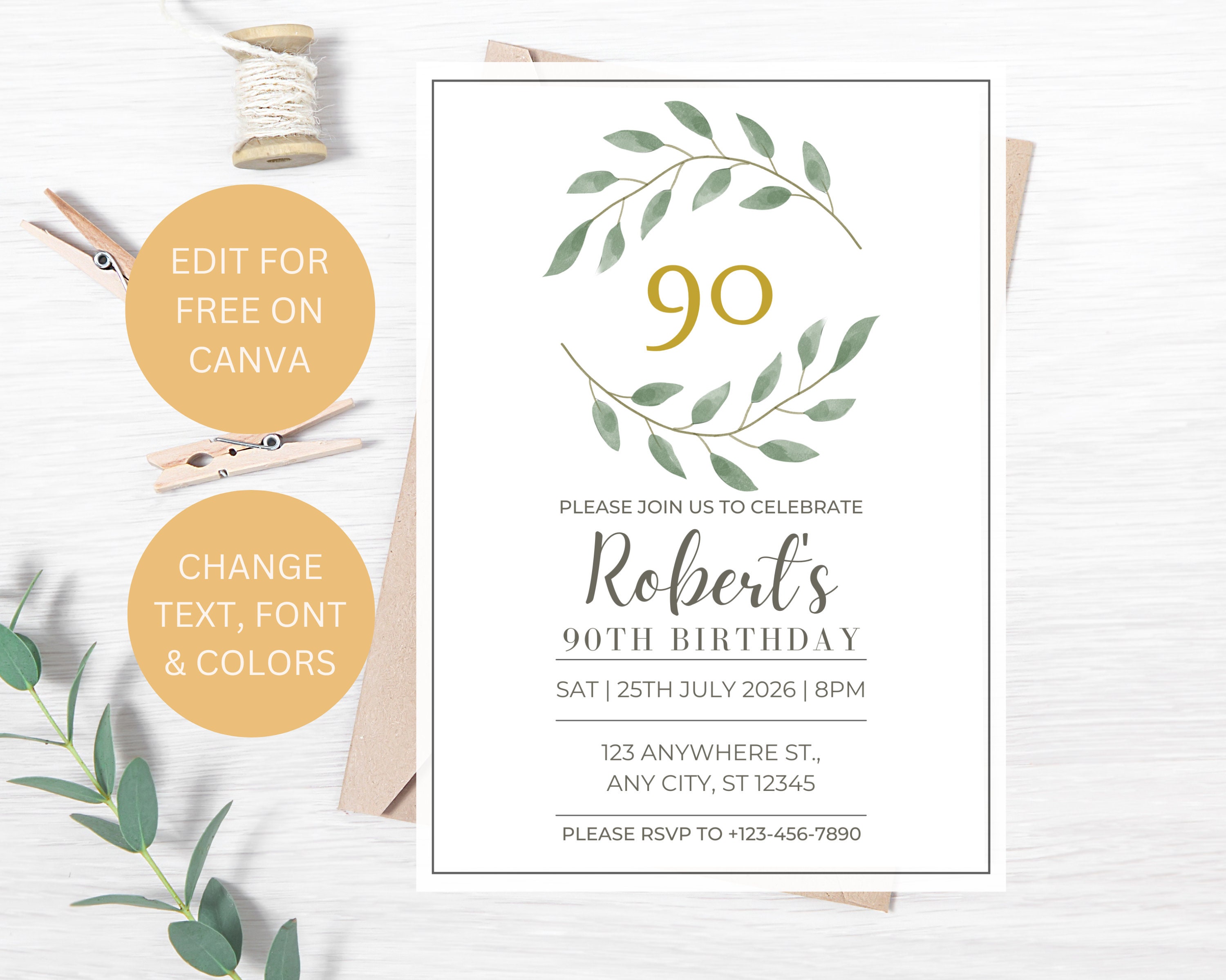 90th Birthday Invitation Template, Editable 90th Birthday Party ...