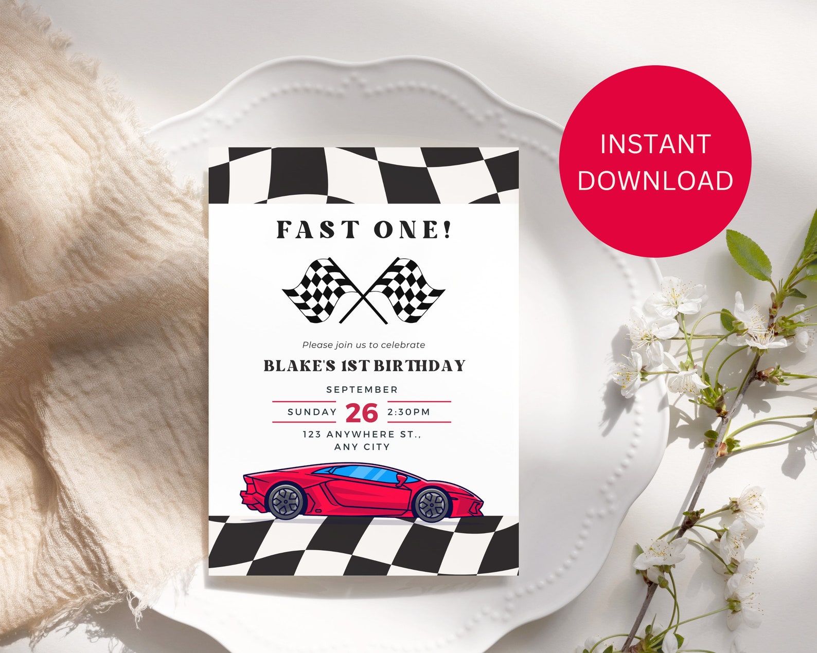 Fast ONE Birthday Invitation, First Birthday Invitation, Boy Birthday ...