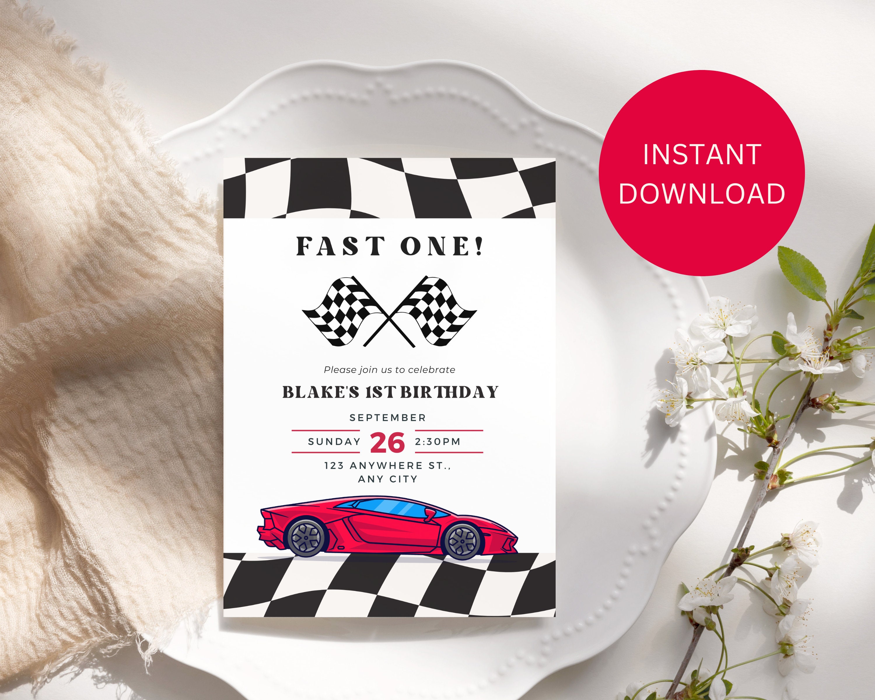 Fast ONE Birthday Invitation, First Birthday Invitation, Boy Birthday ...