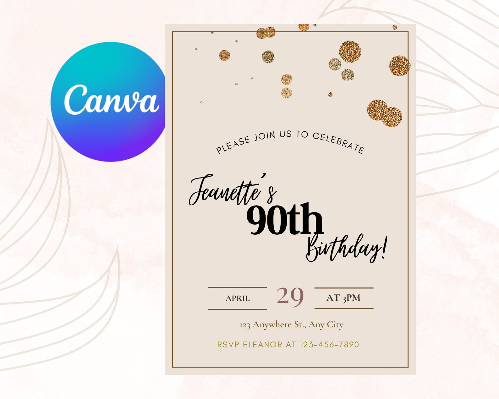 90th Birthday Invitation Template, Editable 90th Birthday Party ...