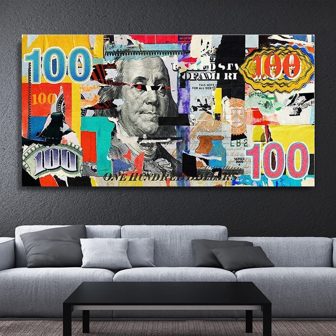 Money Canvas Motivation Hundred Dollar Bill Hand Painted Street Art on ...