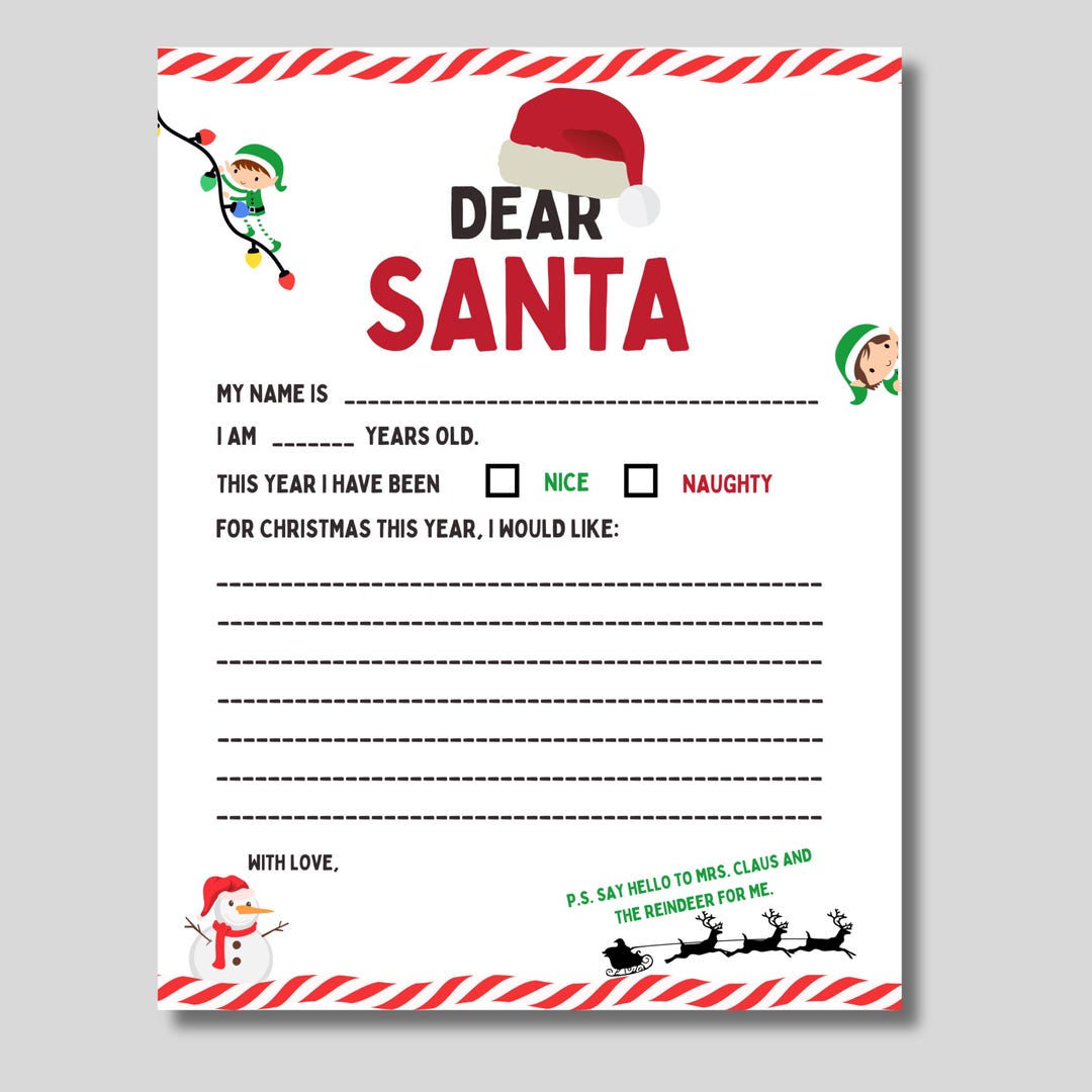 Dear Santa Letter Template - Printable PDF Download - Etsy
