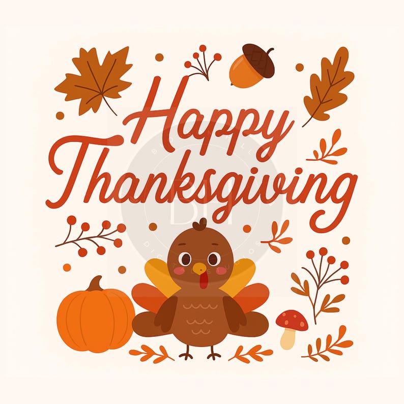 Happy Thanksgiving Clipart: Turkey & Fall Design (PNG Digital Download ...