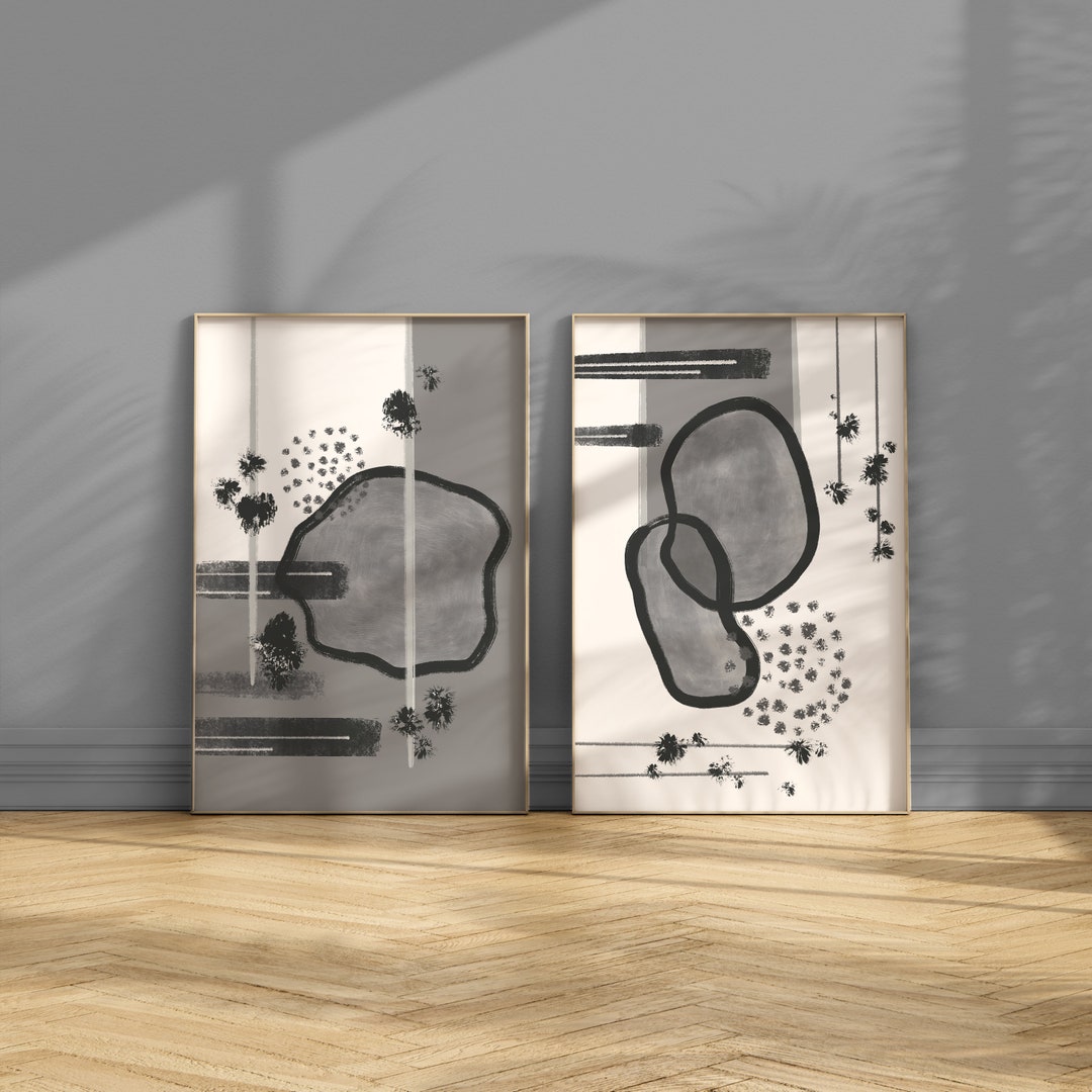 Abstract Gray Paint Drawing Wall Art, Set of 2, Modern, Minimalist ...