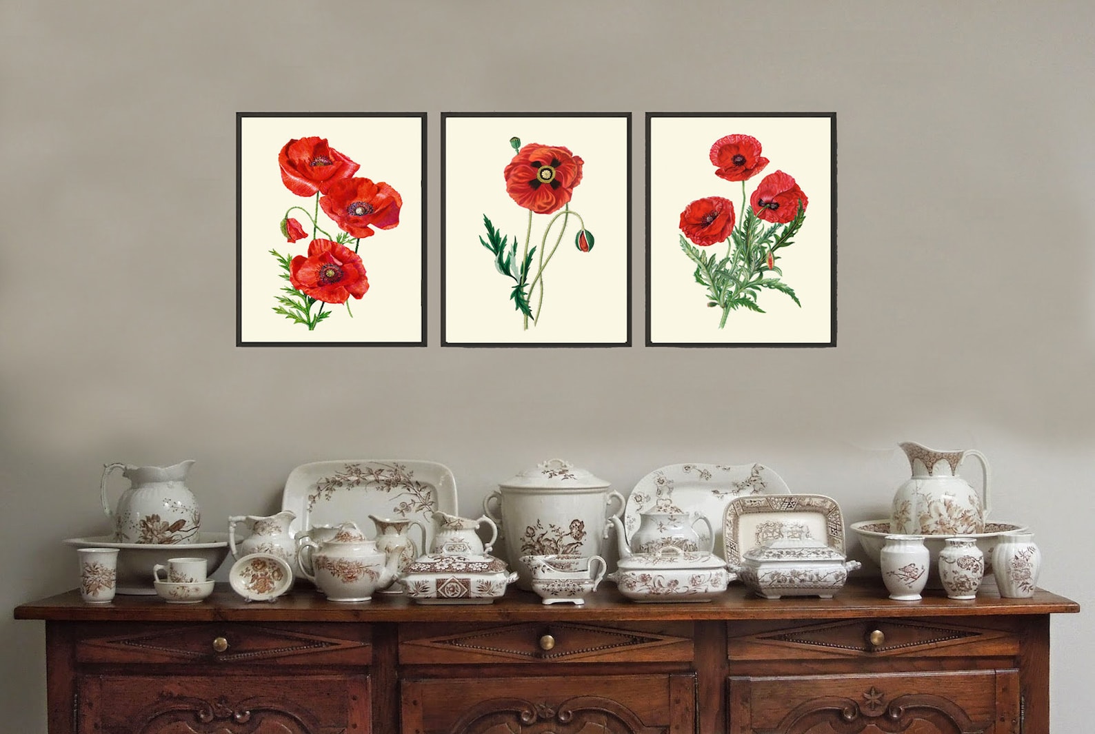 Red Poppy Poppies Botanical Wall Art Decor Set of 3 Prints Beautiful ...