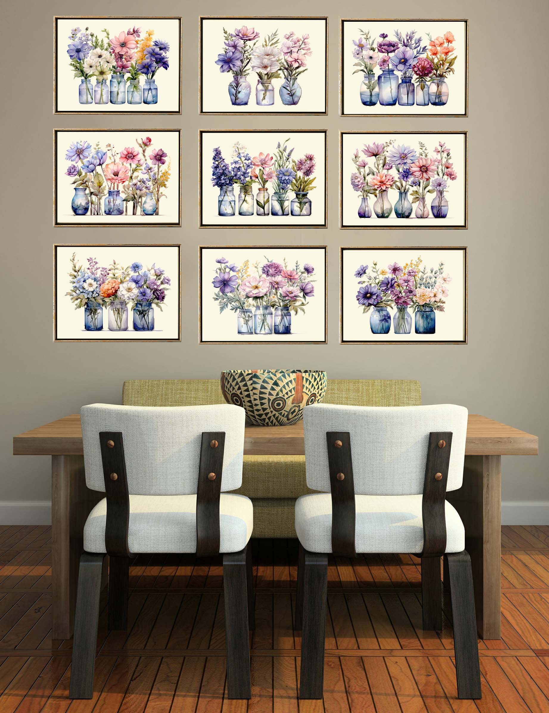 Botanical Wildflowers in Glass Vases Prints Wall Art Set of 9 Beautiful ...