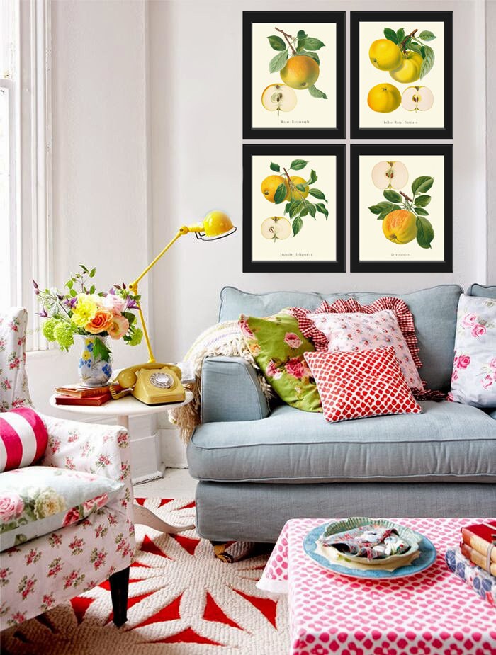 Apple Wall Decor Art Prints Set of 4 Beautiful Antique Vintage Yellow ...