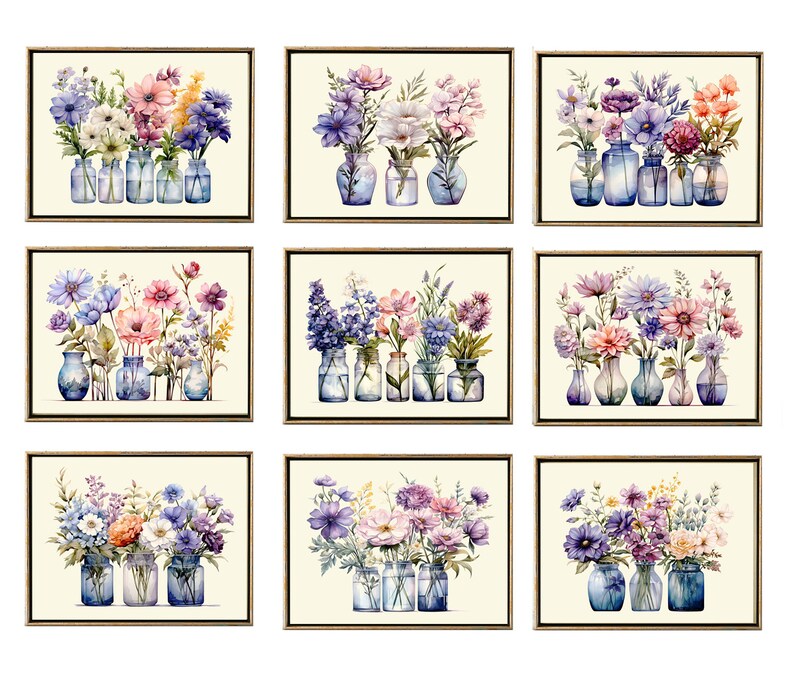 Botanical Wildflowers in Glass Vases Prints Wall Art Set of 9 Beautiful ...