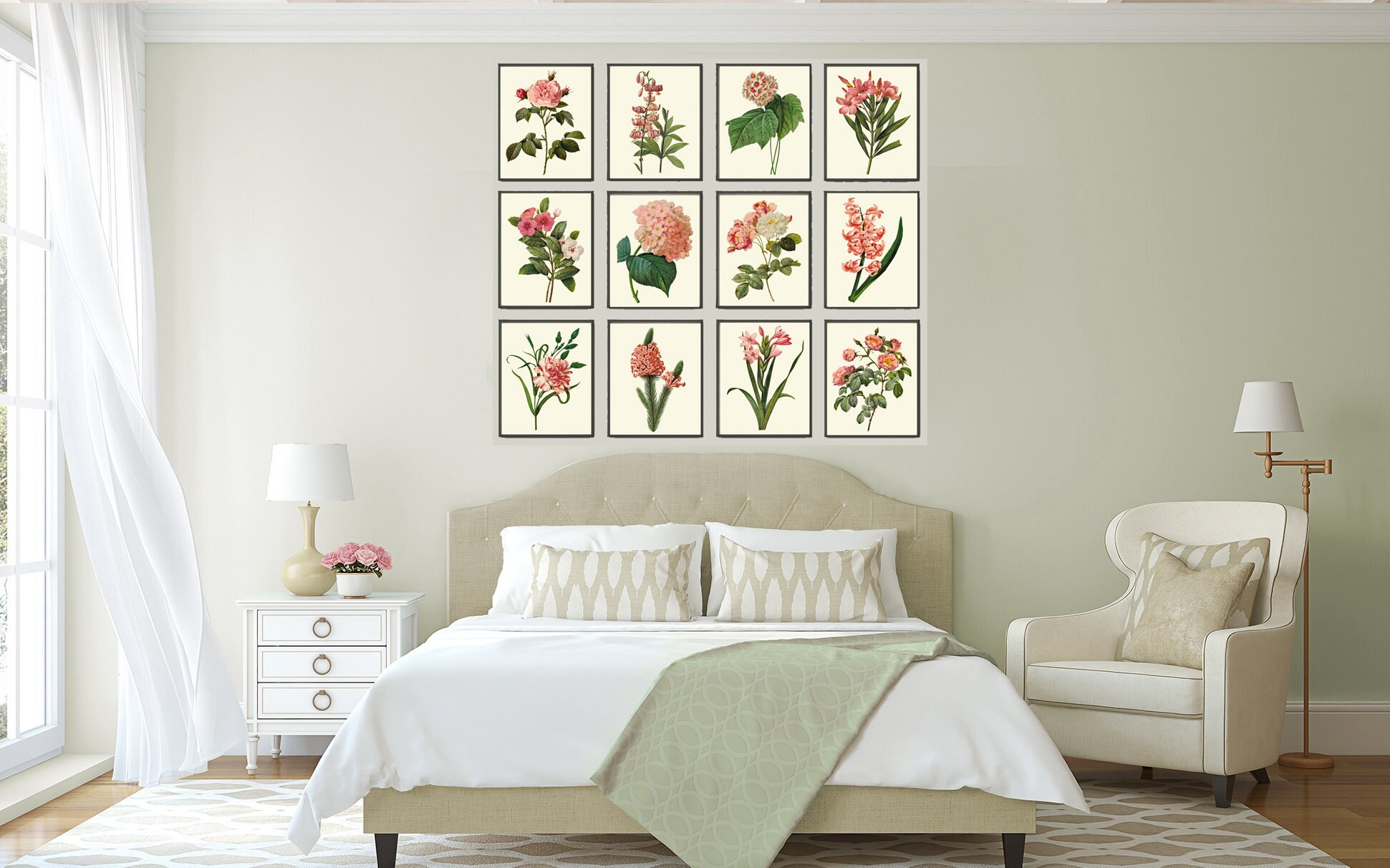 Pink Flowers Botanical Wall Art Set of 12 Prints Beautiful Antique ...