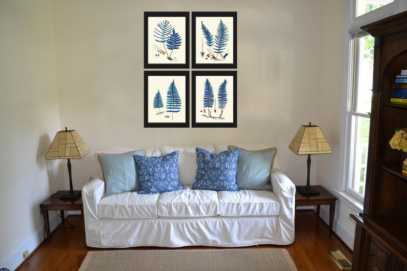Vintage Blue Fern Prints Wall Art Set of 4 Beautiful Antique Forest ...