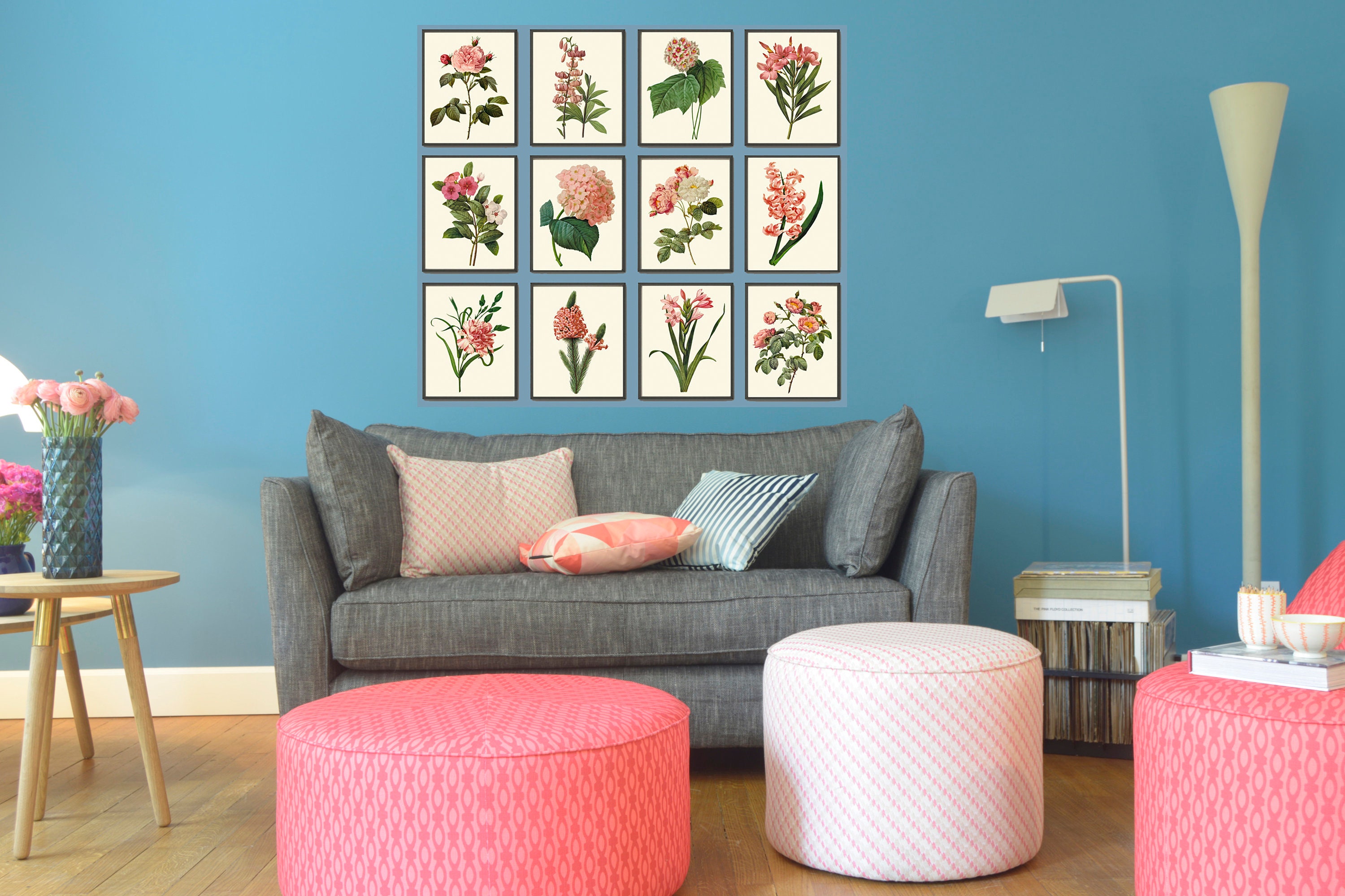 Pink Flowers Botanical Wall Art Set of 12 Prints Beautiful Antique ...