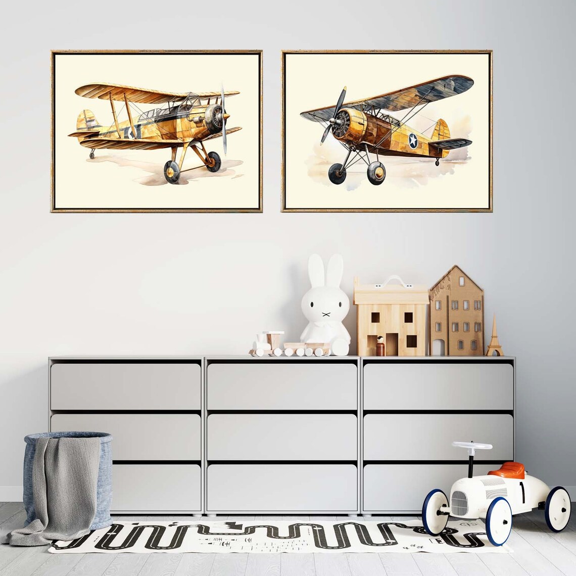 Vintage Airplanes Wall Art Print Set of 2 Beautiful Blue Yellow Boy ...