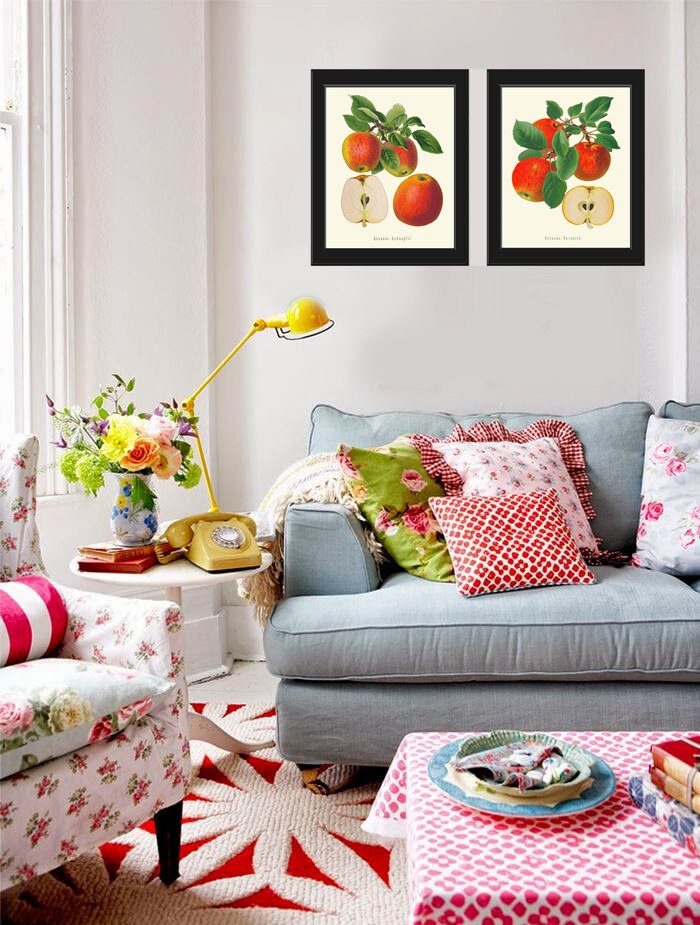 Red Apple Botanical Fruit Wall Art Set of 2 Beautiful Vintage Antique ...