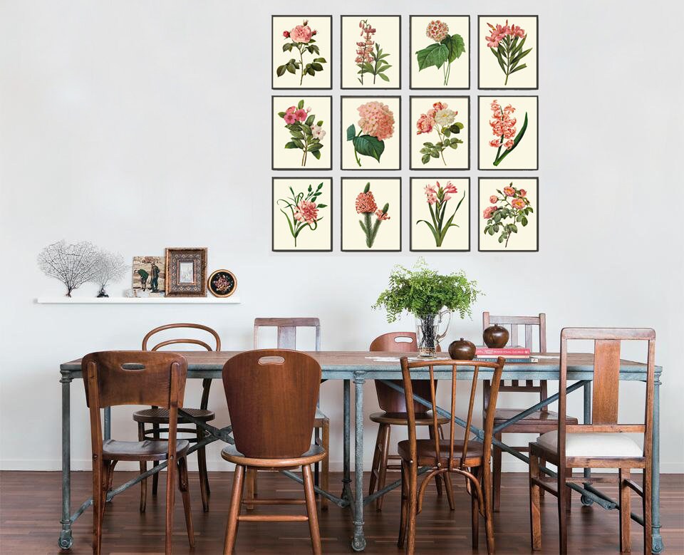 Pink Flowers Botanical Wall Art Set of 12 Prints Beautiful Antique ...