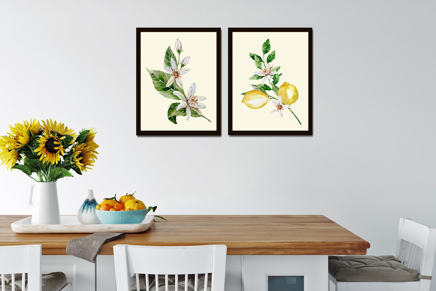 Lemon Print Set Fruit Botanical Wall Art 2 Prints Beautiful Blooming ...