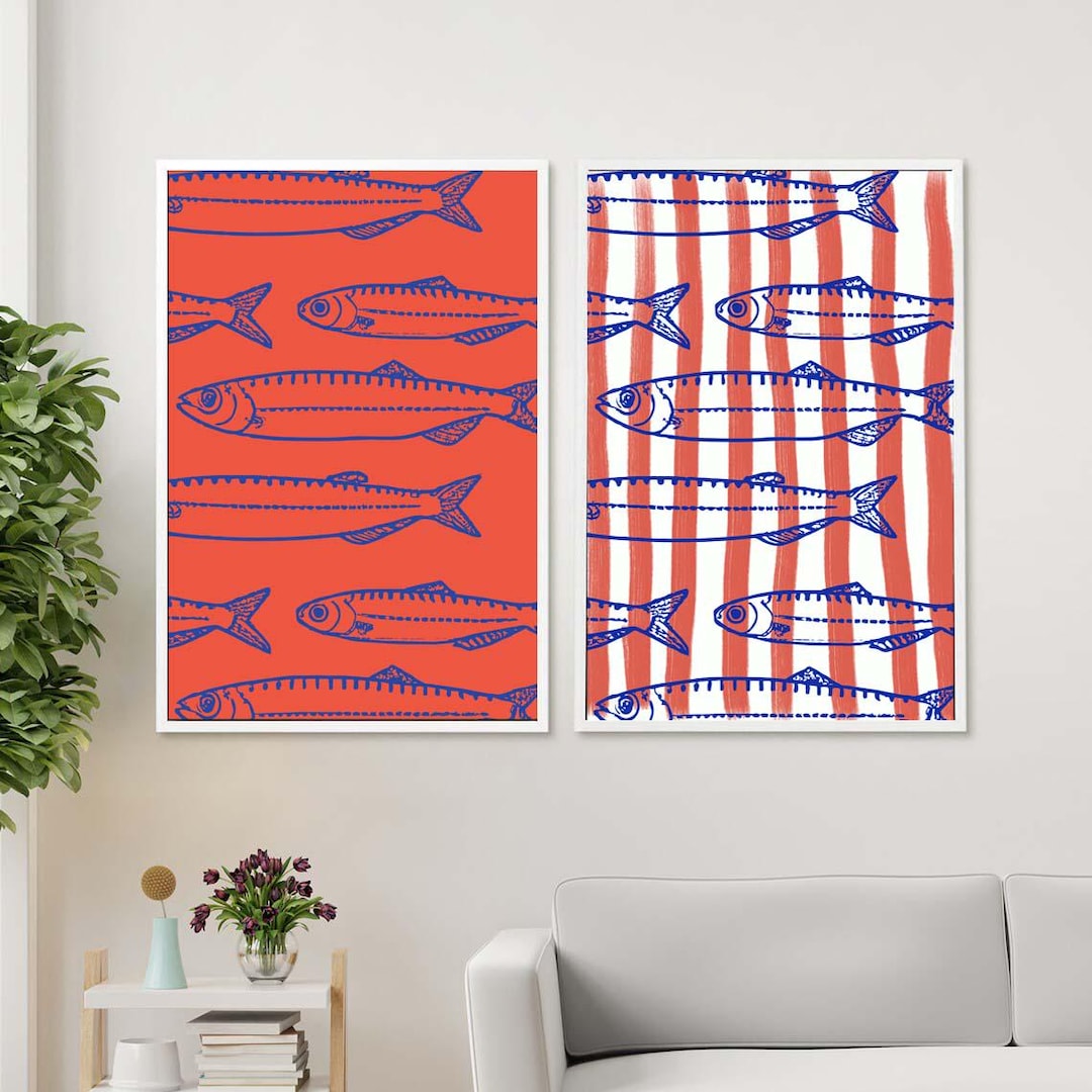 Sardines Red White Blue Fish Wall Art Print Set of 2 Beautiful ...