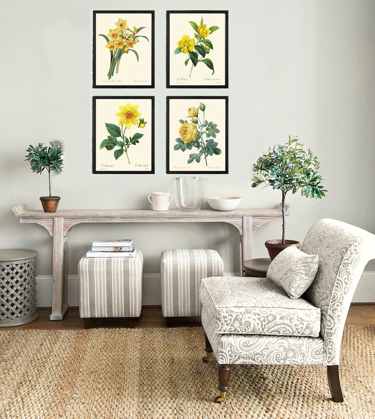Yellow Flowers Botanical Print Set of 4 Beautiful Antique Vintage Wall ...