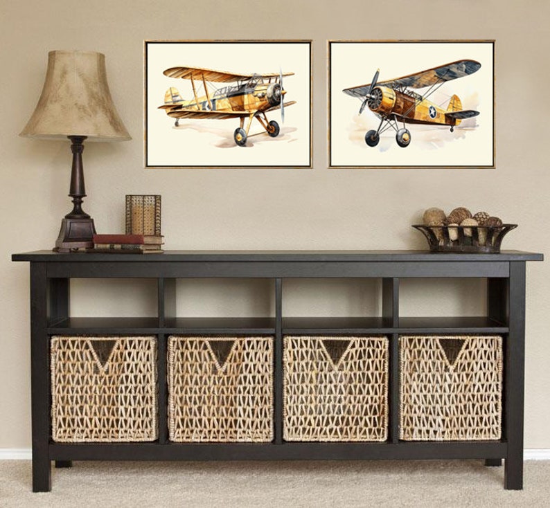 Vintage Airplanes Wall Art Print Set of 2 Beautiful Blue Yellow Boy ...