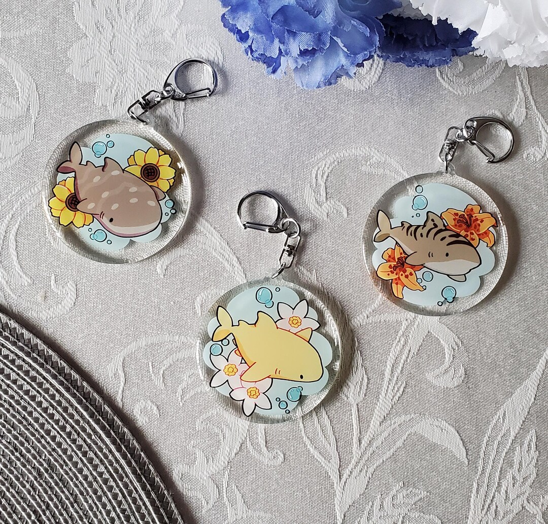 Cute Shark Keychains - Floral Whale, Lemon, Tiger Sharks - Double-sided ...