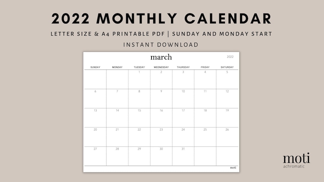 2022 Monthly Calendar Landscape, Letter Size & A4 Printable Calendar ...