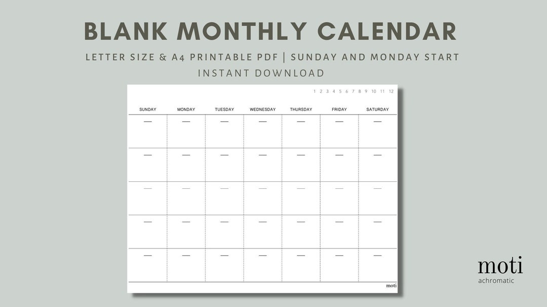 Blank Monthly Calendar Horizontal, Printable Calendar Blank, Minimalist ...