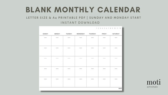 Blank Monthly Calendar Horizontal Printable Calendar Blank | Etsy