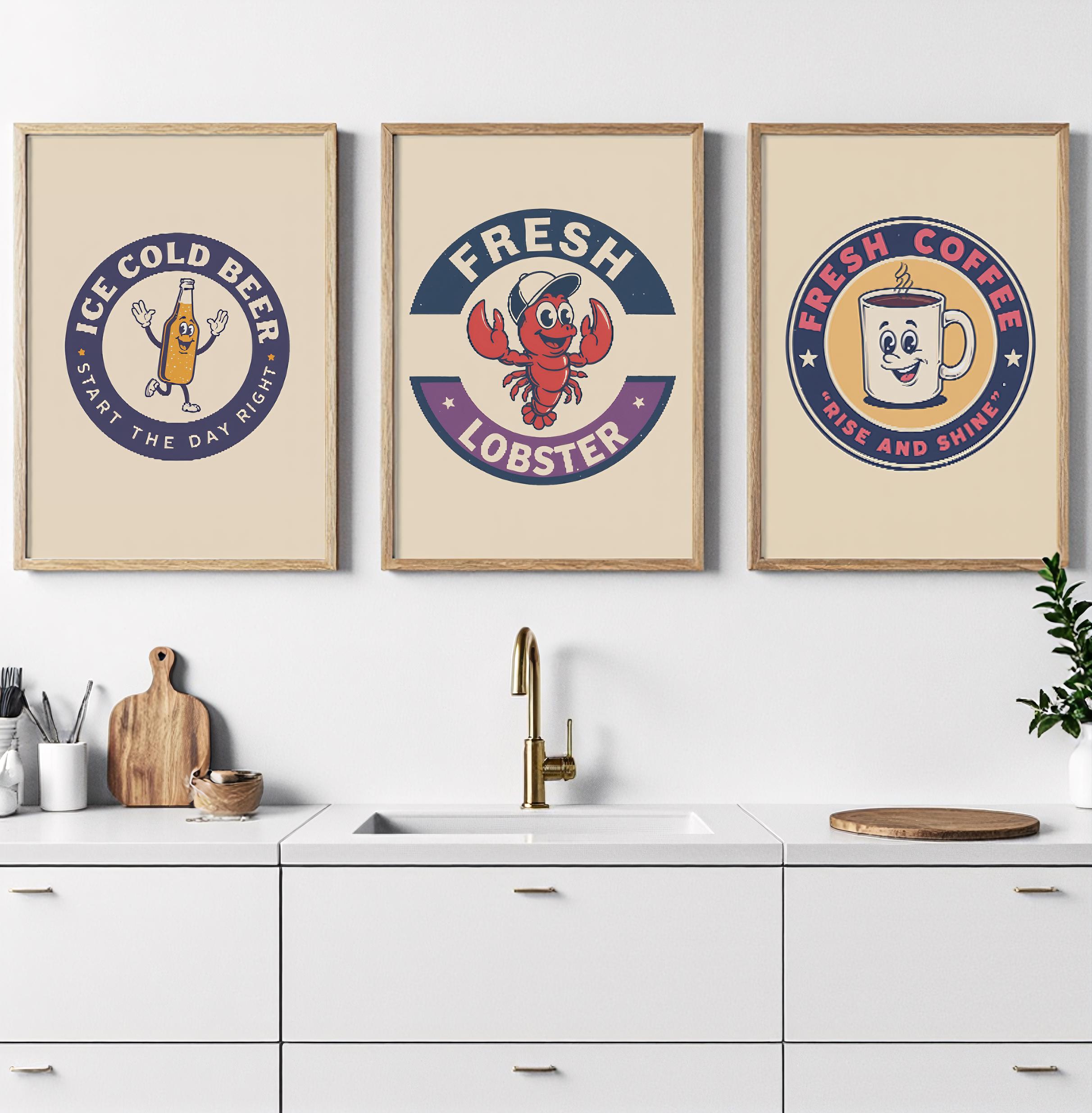 Vintage Americana Mascot Kitchen Poster Print Set | Food Artwork Man ...
