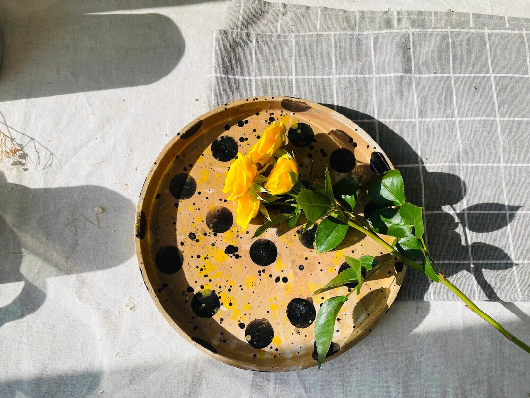 Handmade Ceramic Plate – Abstract Black Polka Dot & Yellow Splatter ...