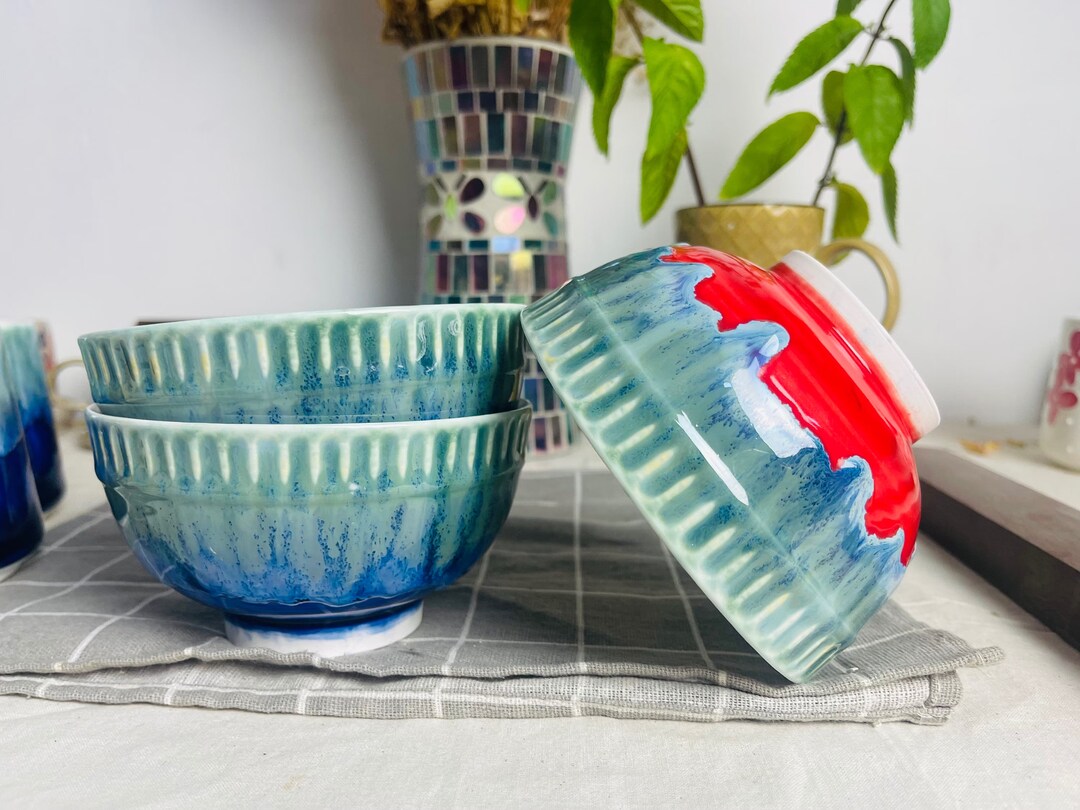 Hand-painted Ceramic Bowl Red and Blue Glaze Design - Etsy