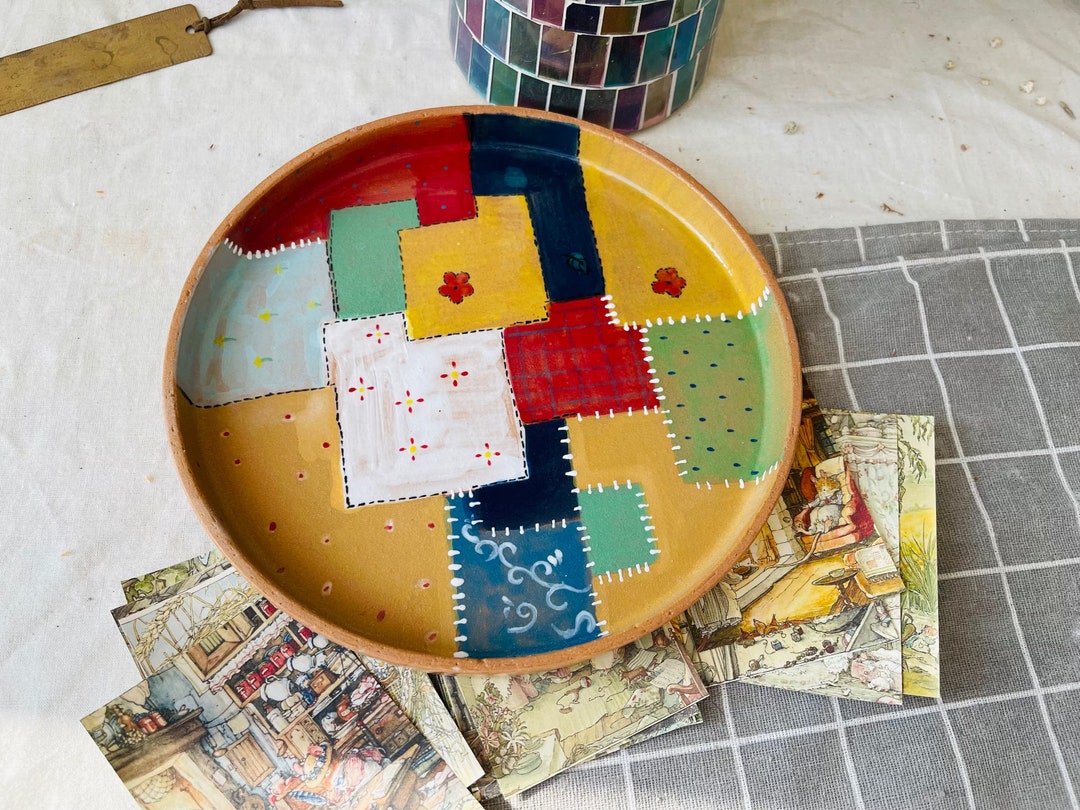 Handmade Ceramic Plate – Colorful Patchwork Design, Rustic Pottery - Etsy