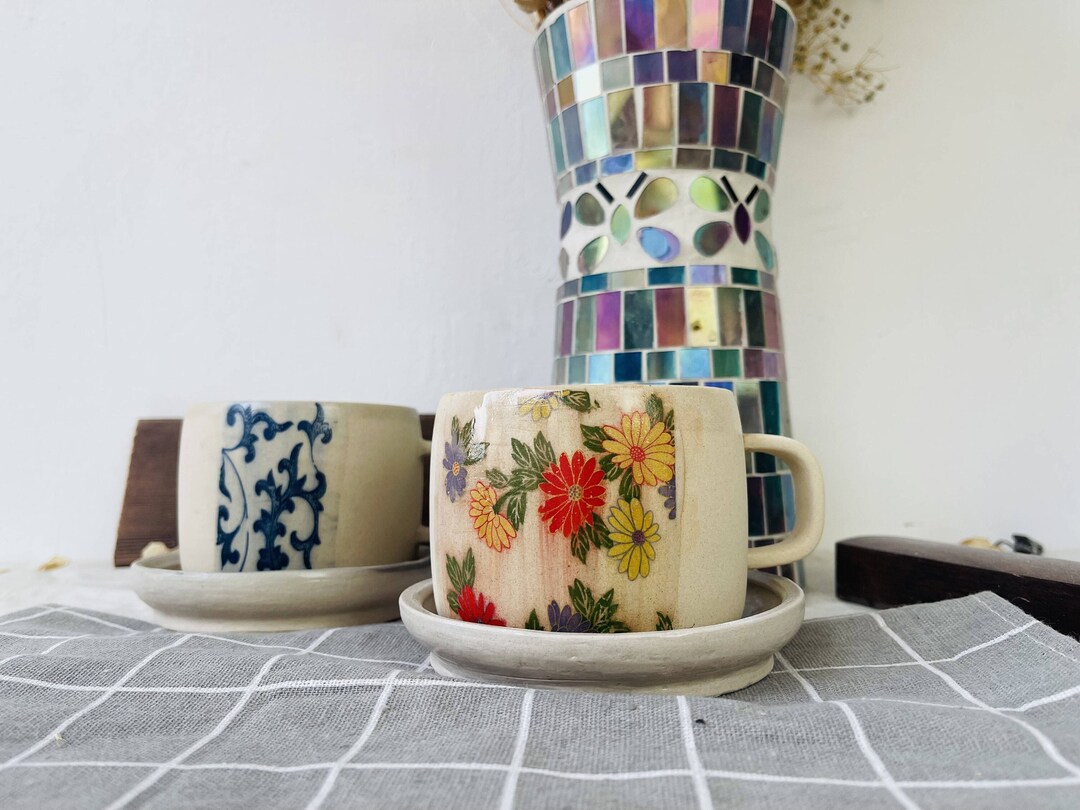 Handcrafted Ceramic Cup and Saucer – Floral & Blue Scroll Design ...