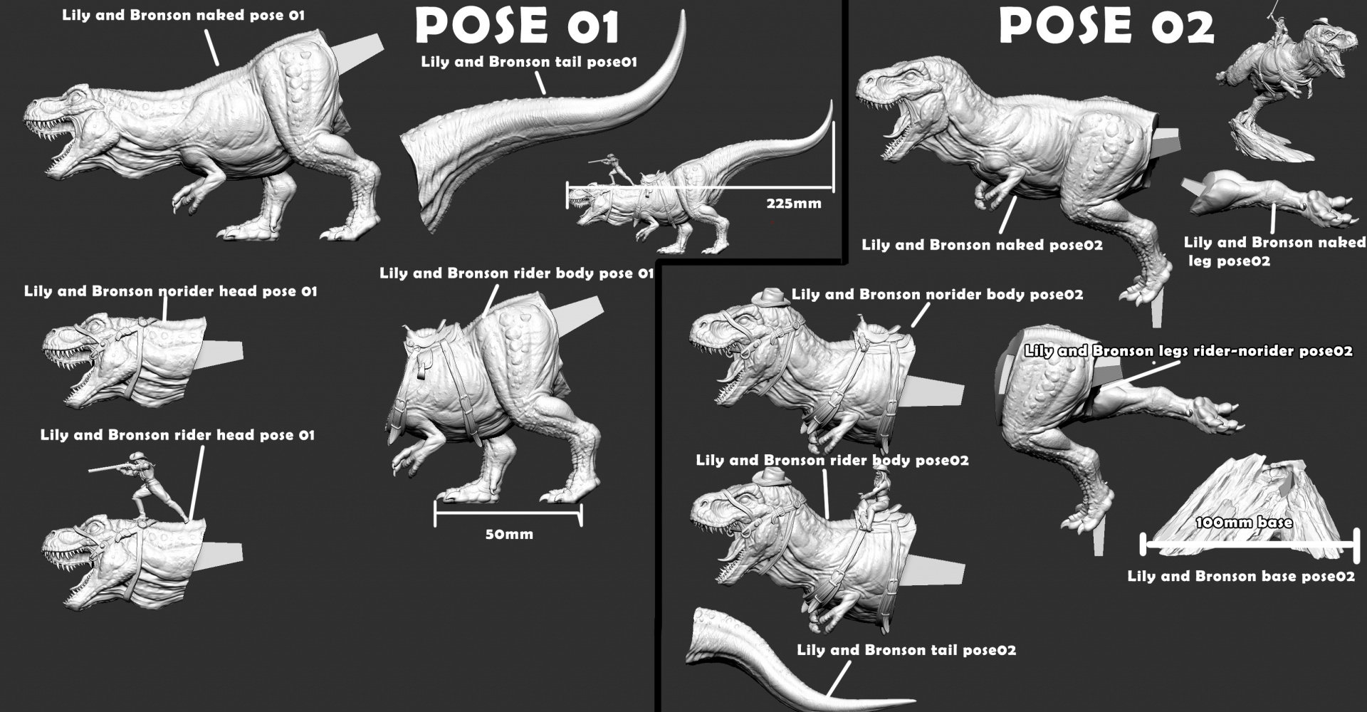 Lily and Bronson T-rex Mount 2 Poses 50mm 100mm Base Miniature for ...