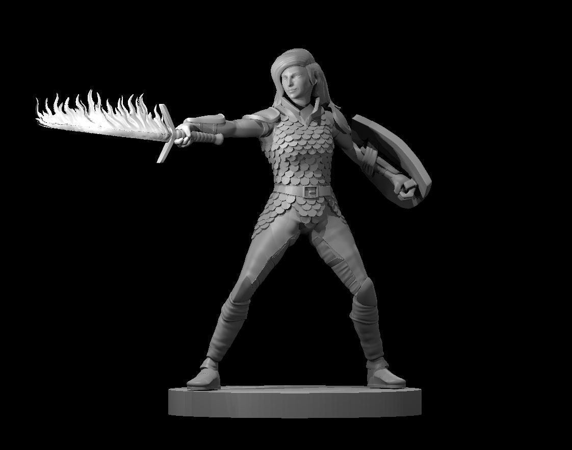 Human Female Fighter With Flaming Sword 25mm Base Miniature For Table Top Games Resin 3d Printed
