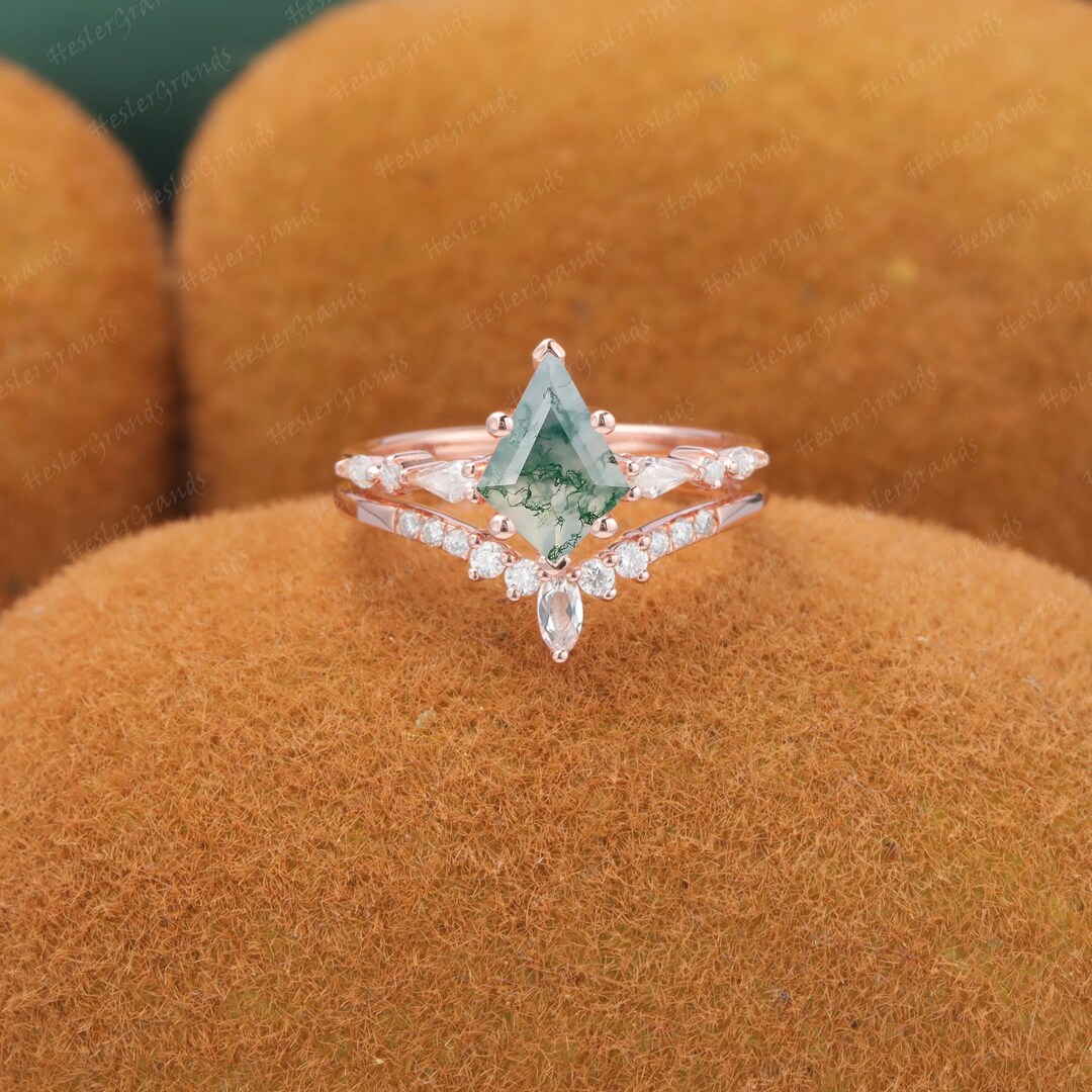 Vintage Kite Cut Moss Agate Engagement Ring Sets Unique Cluster Rose ...