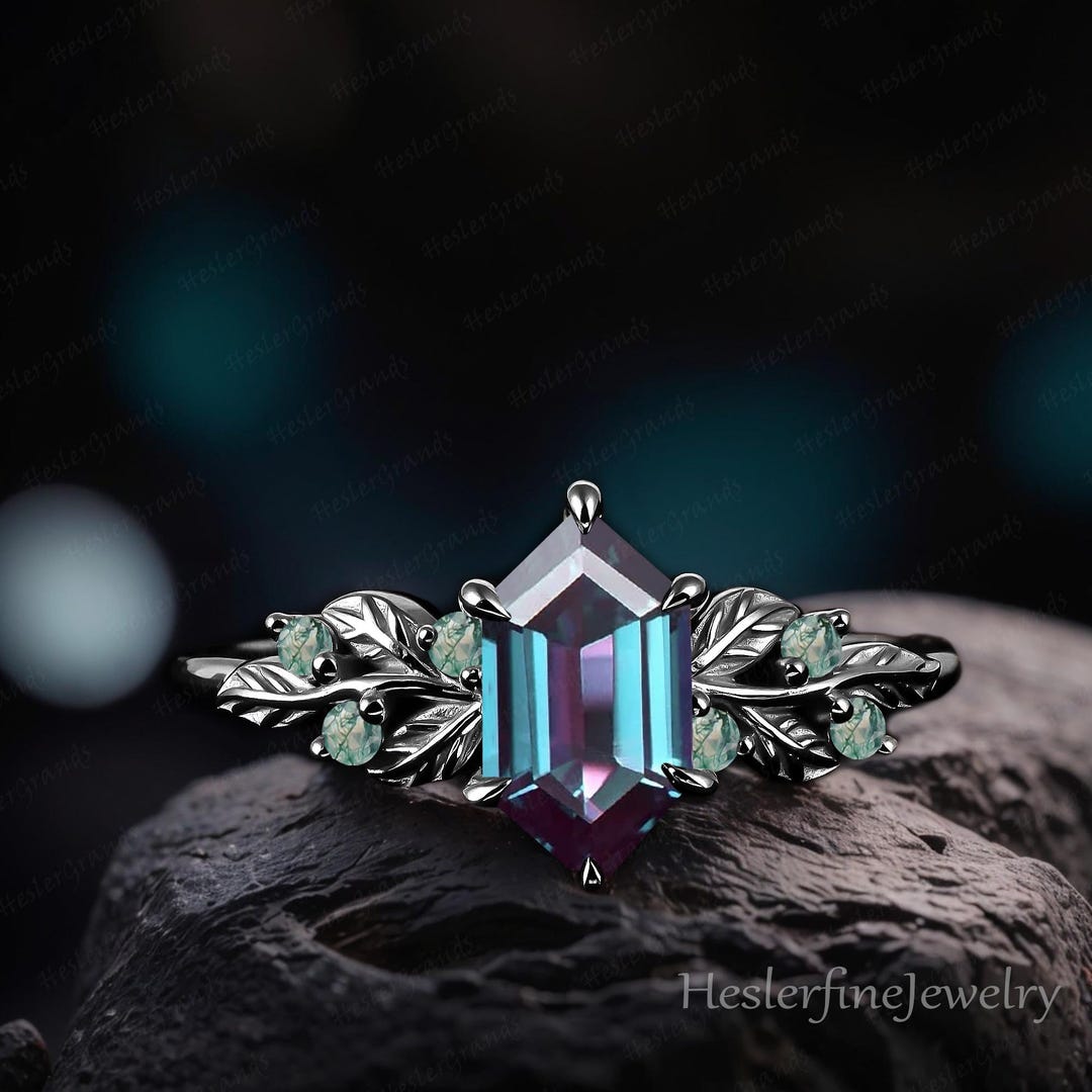 Gothic Black Gold Long Hexagon Cut Alexandrite Engagement Ring Bridal ...