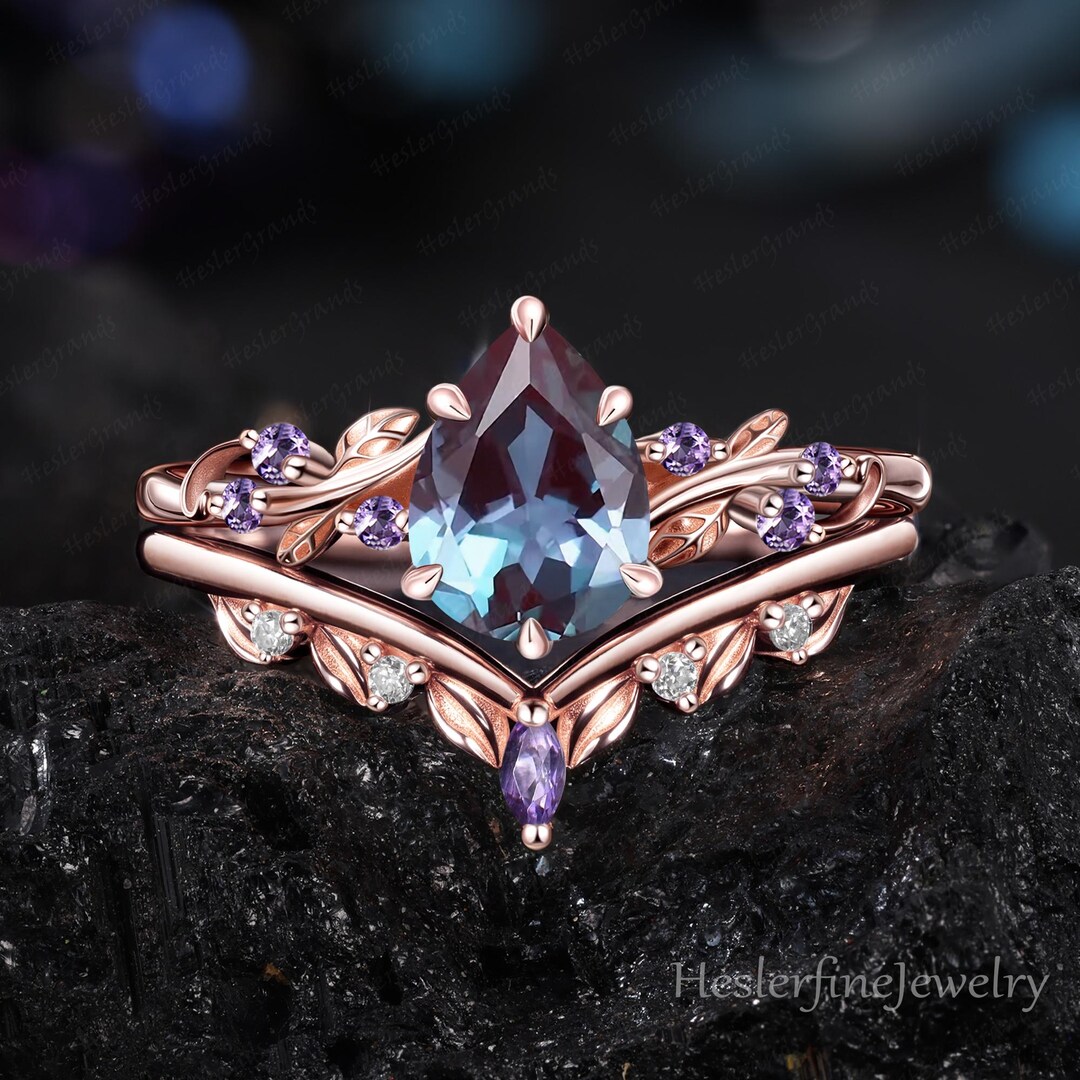 Vintage Pear Alexandrite Engagement Ring Sets Rose Gold Promise Ring ...
