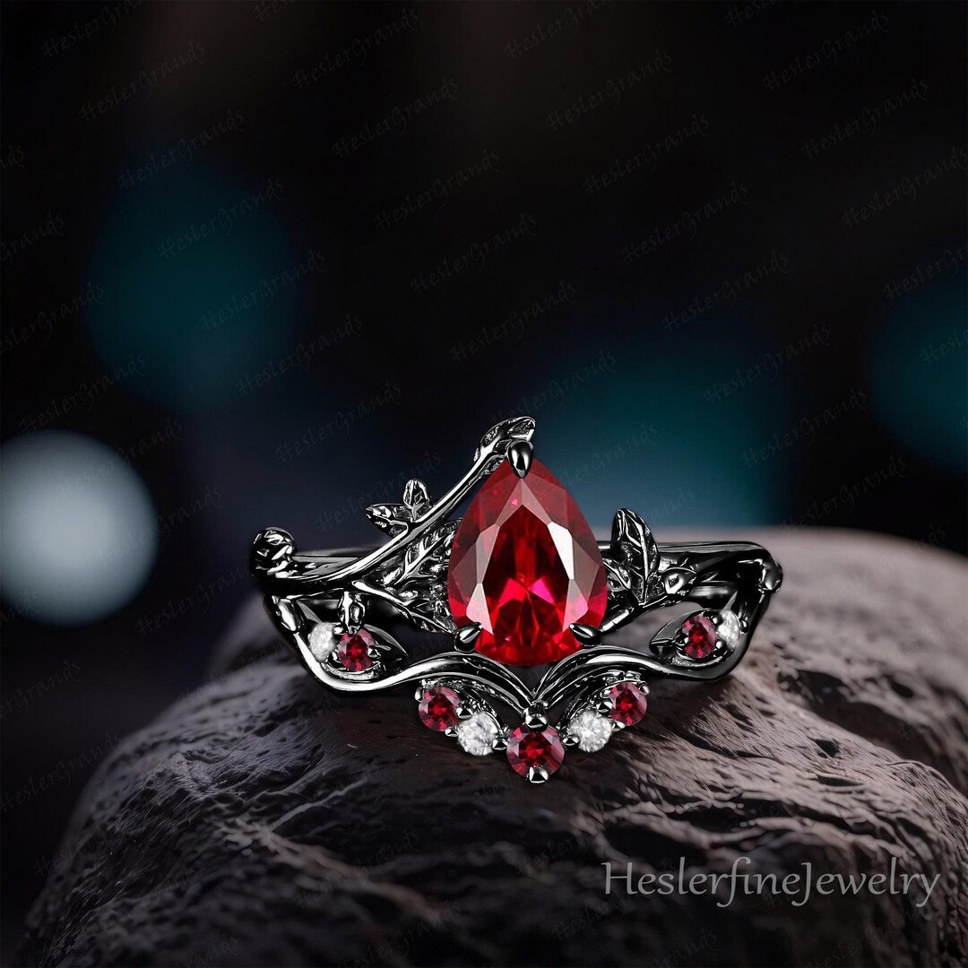 Gothic Black Gold Art Deco Ring Pear Ruby Engagement Ring Sets Bridal ...