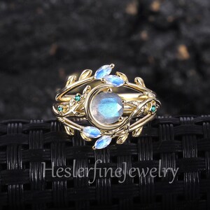 Labradorite Engagement Ring Bridal Sets Rose Gold Moon Design Promise ...