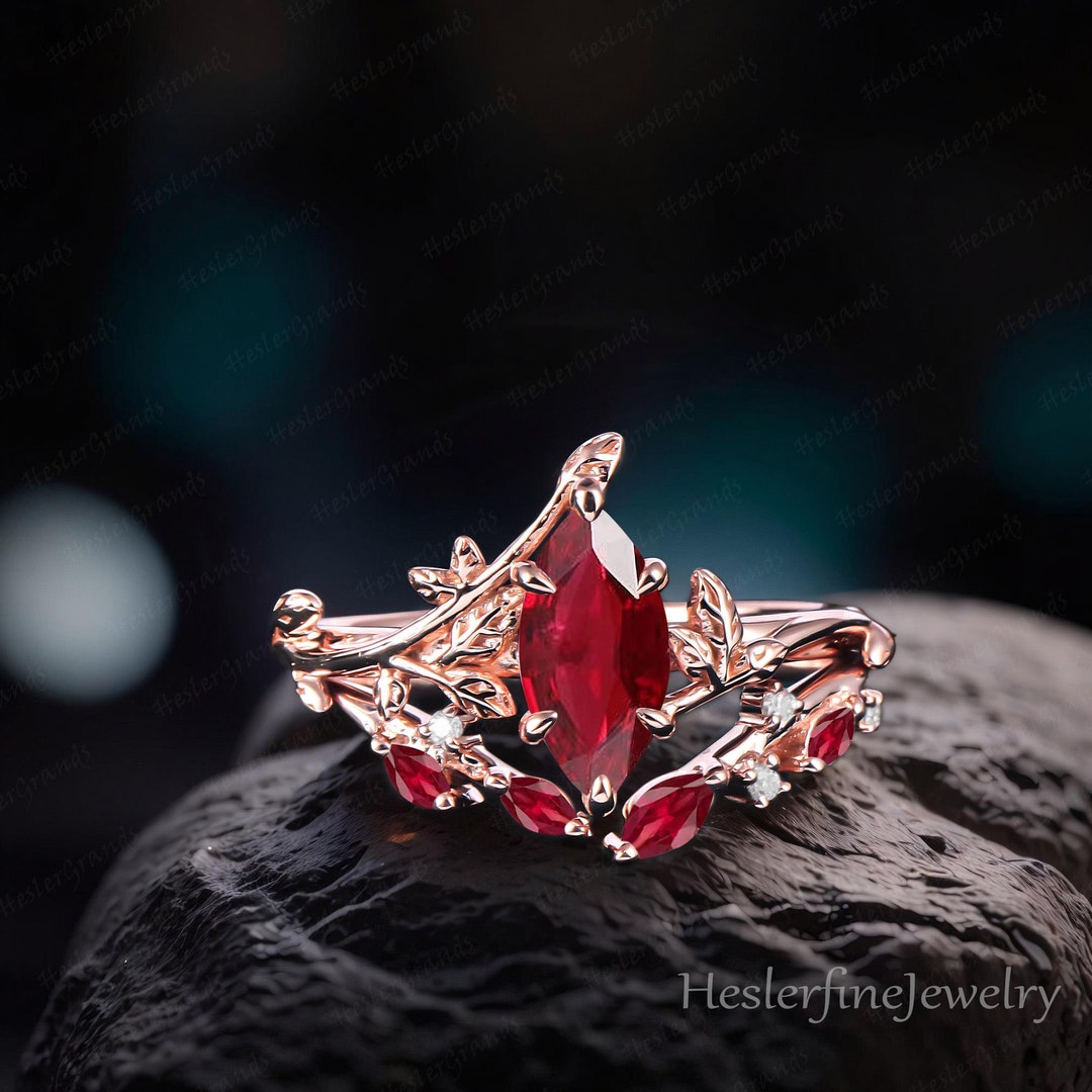 Marquise Cut Ruby Engagement Ring Sets Art Deco Ring Bridal Sets Rose ...