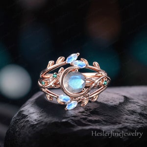 Labradorite Engagement Ring Bridal Sets Rose Gold Moon Design Promise ...