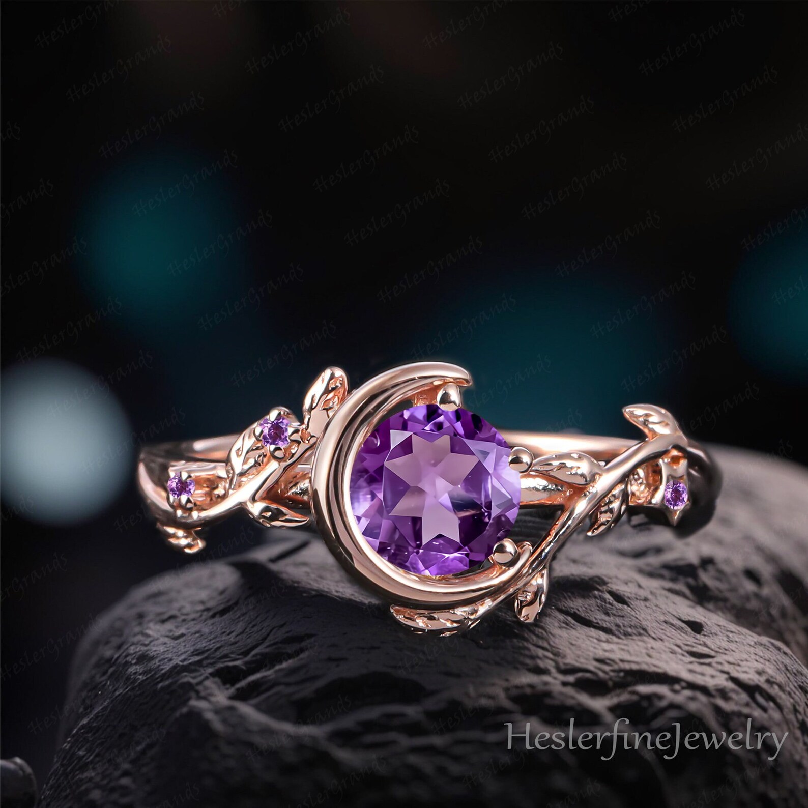 Natural Amethyst Engagement Ring Bridal Ring Rose Gold Moon Design ...