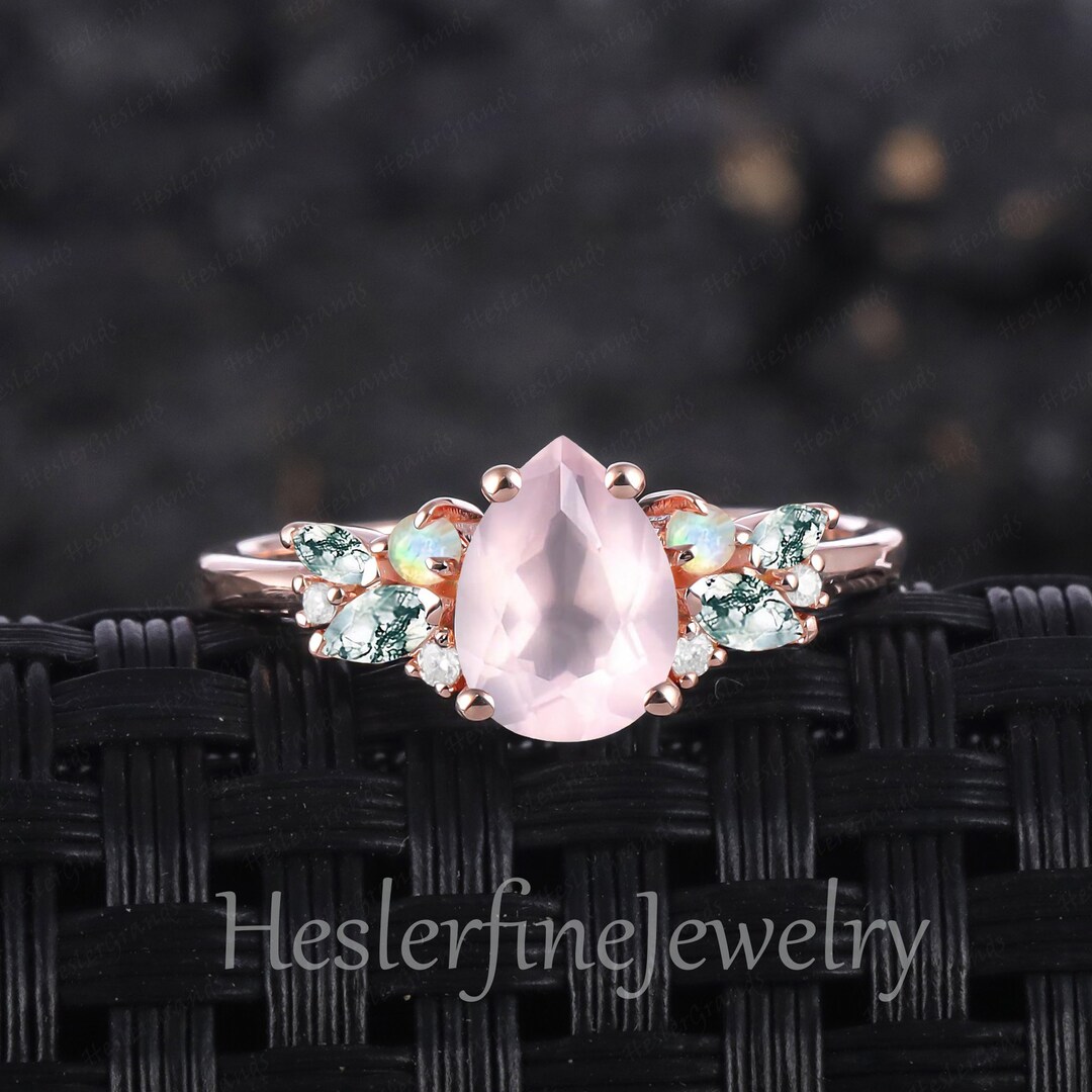 Pear Natural Rose Quartz Engagement Ring 14K Solid Rose Gold Bridal ...