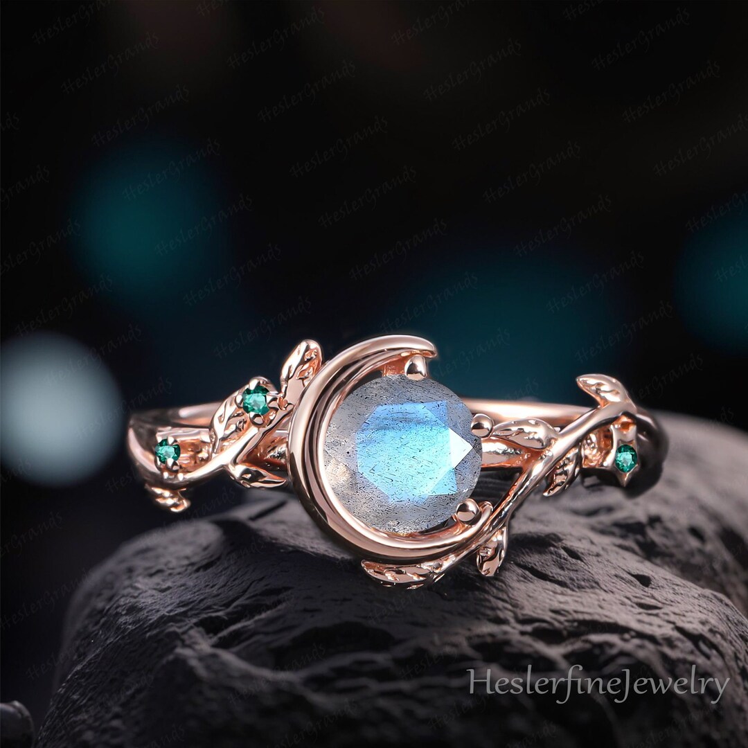 Labradorite Engagement Ring Bridal Ring Rose Gold Moon Design Promise ...