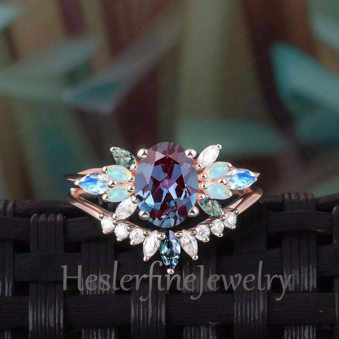 Vintage Oval Cut Alexandrite Engagement Ring Sets Opal Moonstone Art ...