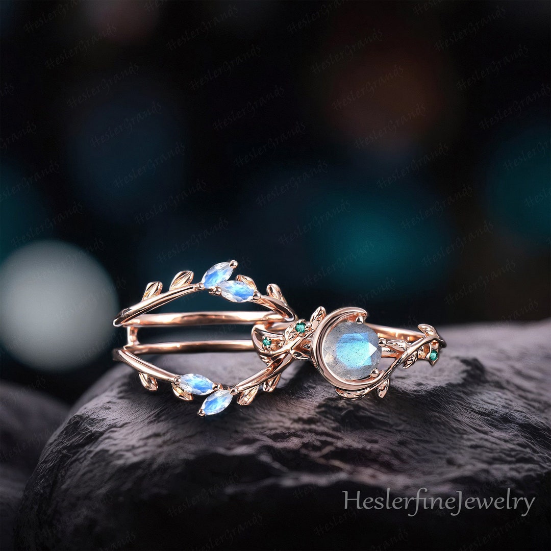 Labradorite Engagement Ring Bridal Sets Rose Gold Moon Design Promise ...